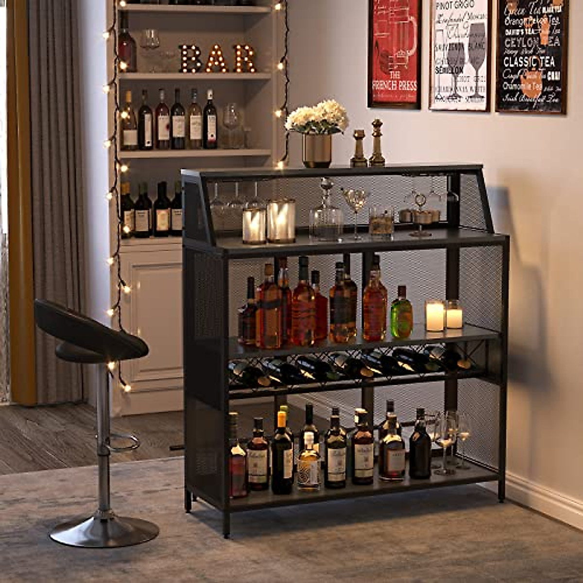 REHOOPEX Home Bar, 4 Tier Industrial 51in Bar Cabinet, Farmhouse Liquor Cabinet with Footrest, Wood Bar Cabinet Wine Storage Shelf, Metal Buffet Cabinet for Home, Kitchen, Pub (Black)