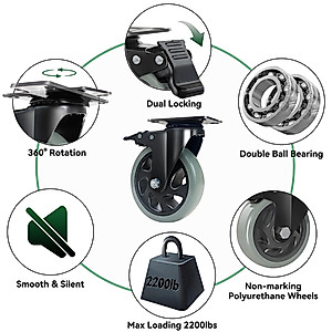 5 Inch Caster Wheels, Casters Set of 4 Heavy Duty, BZOLIHEU Locking Casters, Silent Top Plate Swivel Casters with Brake, Grey Polyurethane Castor Wheels for Furniture and Workbench Cart