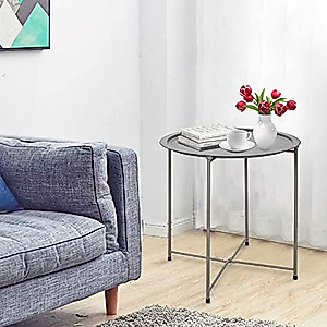 Garden 4 you Folding Tray Metal Side Table Grey Round End Table Cyan Sofa Small Accent Fold-able Table, Round End Table Tray, Next to Sofa Table, Snack Table for Living Room and Bed Room