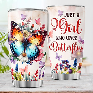 HUBUPU Floral Flower, Butterfly Gifts, Tumbler 20 Oz With Lid And Straw, Just A Girl Butterfly