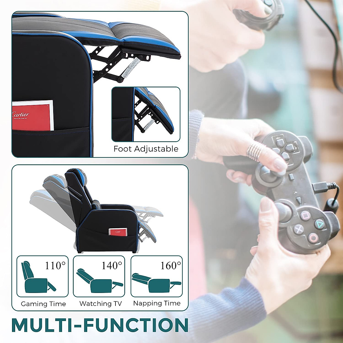 Gaming Recliner Gamer Chair for Adults - PU Leather Sofa with Footrest Comfortable Movie Theater Chairs Ergonomic Single Couch for Living Game Room- Black/Blue