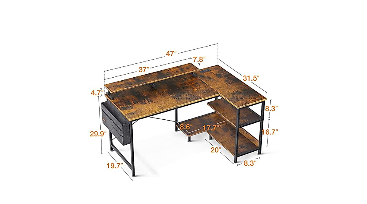 ODK 48 Inch L-Shaped Computer Desk with USB Ports
