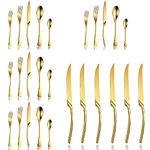 Lemeya 26 Pieces Silverware Set includes 20 Pieces Stainless Steel Flatware Set and 6 Pieces Steak Knives Set，Mirror Polished, Dishwasher Safe