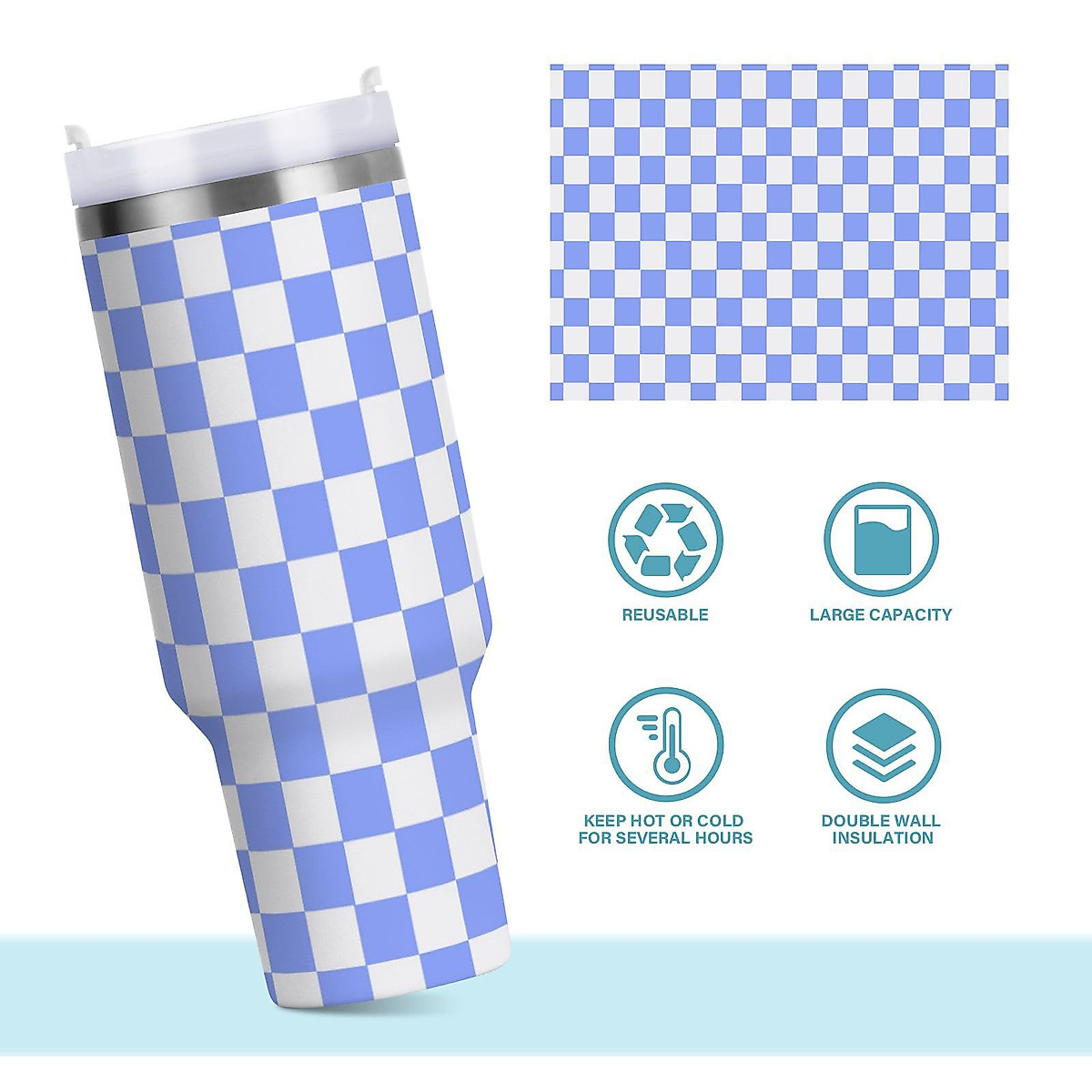 Blue White Checkered 40 oz Tumbler with Handle and Straw Lid, Insulated Coffee Cup Reusable Stainless Steel Water Bottle Travel Mug Cupholder Friendly,Gifts for Women Men