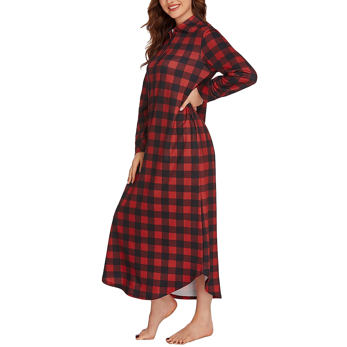 Ekouaer Women's Nightgown Long Sleeve Nightshirt Full Length Loungewear Plaid Sleepwear With Pockets, Red Plaid, Large