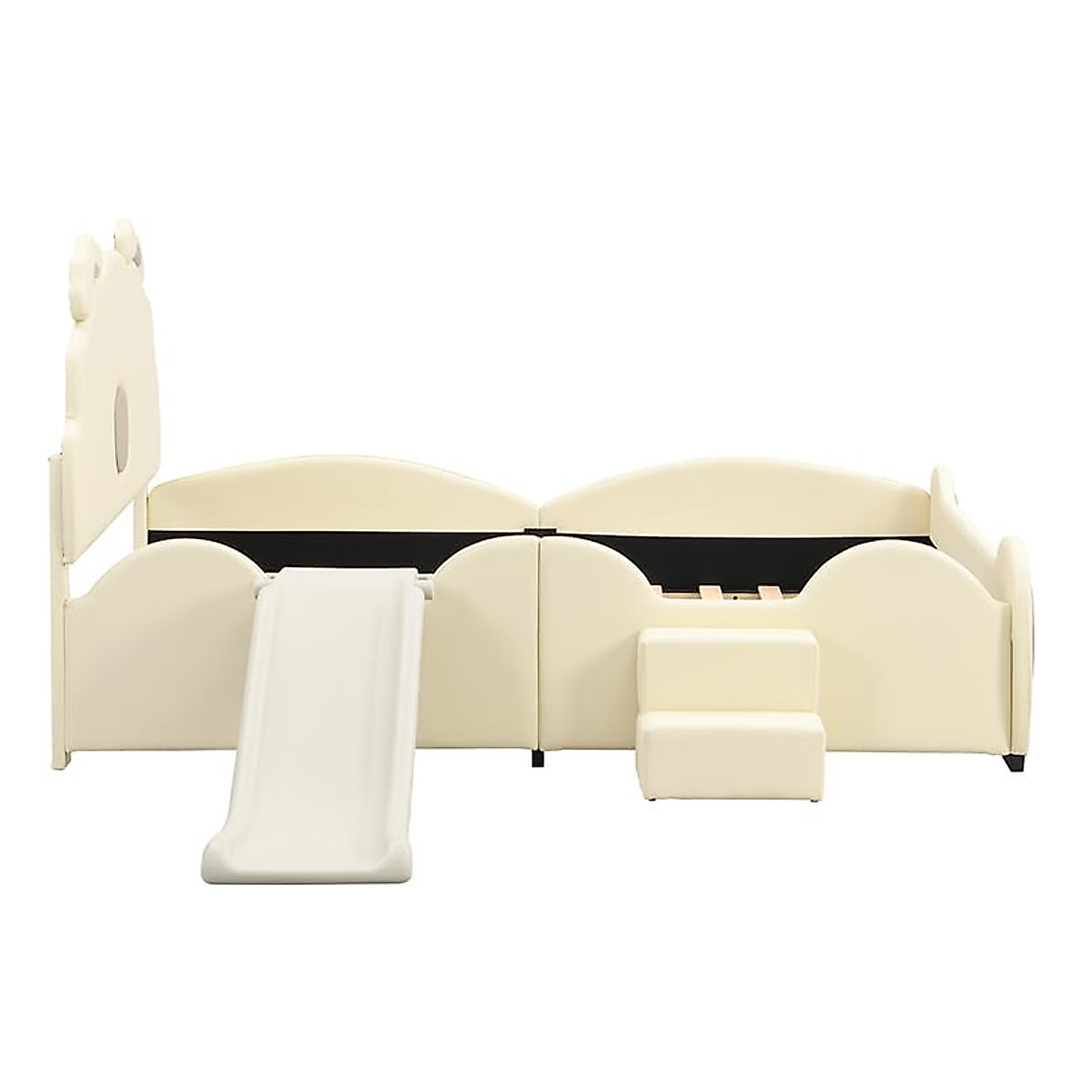 Merax, Beige Size Upholstered Platform Bed Frame, Children's Slide and LED Light for Girls, Full(Piglet Headboard)