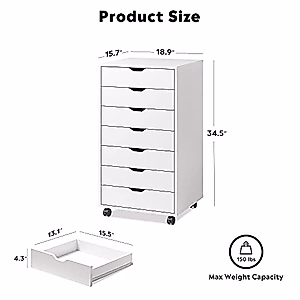 7 Drawer Chest, Mobile File Cabinet with Wheels, Home Office Wood Storage Dresser Cabinet, Large Craft Storage Organizer Makeup Drawer Unit for Closet, Bedroom, Office File Cabinet (White)