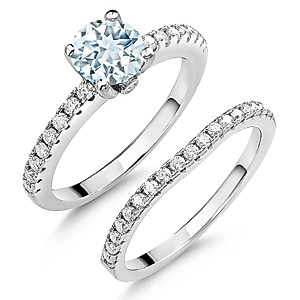 Gem Stone King 925 Sterling Silver Sky Blue Aquamarine and White Moissanite Wedding Engagement Band Bridal Set Ring For Women (1.24 Cttw, Gemstone March Birthstone, Available In Size 5, 6, 7, 8, 9)