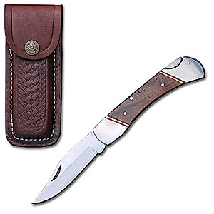 Rtek 5" Wood Handle Folding Pocket Knife with Leather Sheath | Lockback Traditional Folding Knife for Outdoor, Hunting, Camping and EDC (Wood Handle)