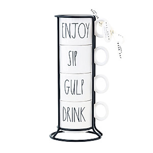 Rae Dunn Coffee-Mug Collection, Stackable Coffee and Espresso Mug Set with Wire Rack, Handcrafted Mugs for Coffee, Tea, or Espresso, Set of 4