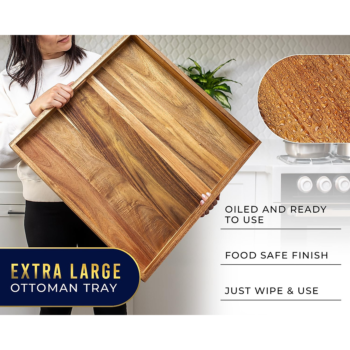 Extra Large (22") Square Premium Acacia Wood Ottoman Tray with Handles - Use for Serving Food in Style for Dinner, Breakfast, Snacks, BBQ, Entertaining Guests & More