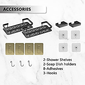 ZVOSOO Shower Caddy, Rustproof Black Bathroom shower organizer,Stainless Steel Shower Shelves with 3 Hooks & 2 Soap holders,No Drilling Traceless Adhesive Shower caddy basket,Shower Storage Organizer