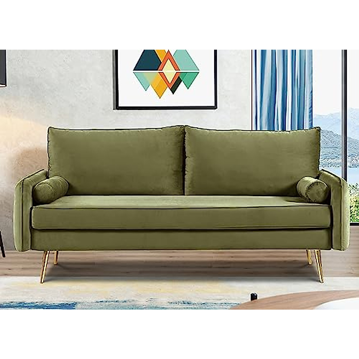Container Furniture Direct Kent Modern Sofa, European Style Velvet Living Room Furniture with Tapered Legs, Vintage Flair, and Sleek Design, Couch, Olive Green