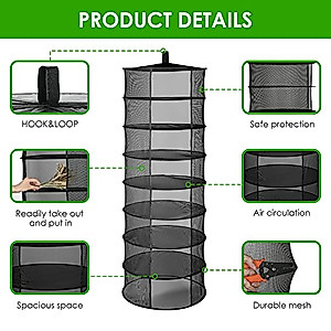 iPower 8-Layer 2ft Herb Drying Rack Black Mesh Hanging Net Dryer Collapsible with Opendoor, Pothook and Storage Bag, for Hydroponics Flowers, Buds, Fruits, Seafoods, Clothes, 2 Packs