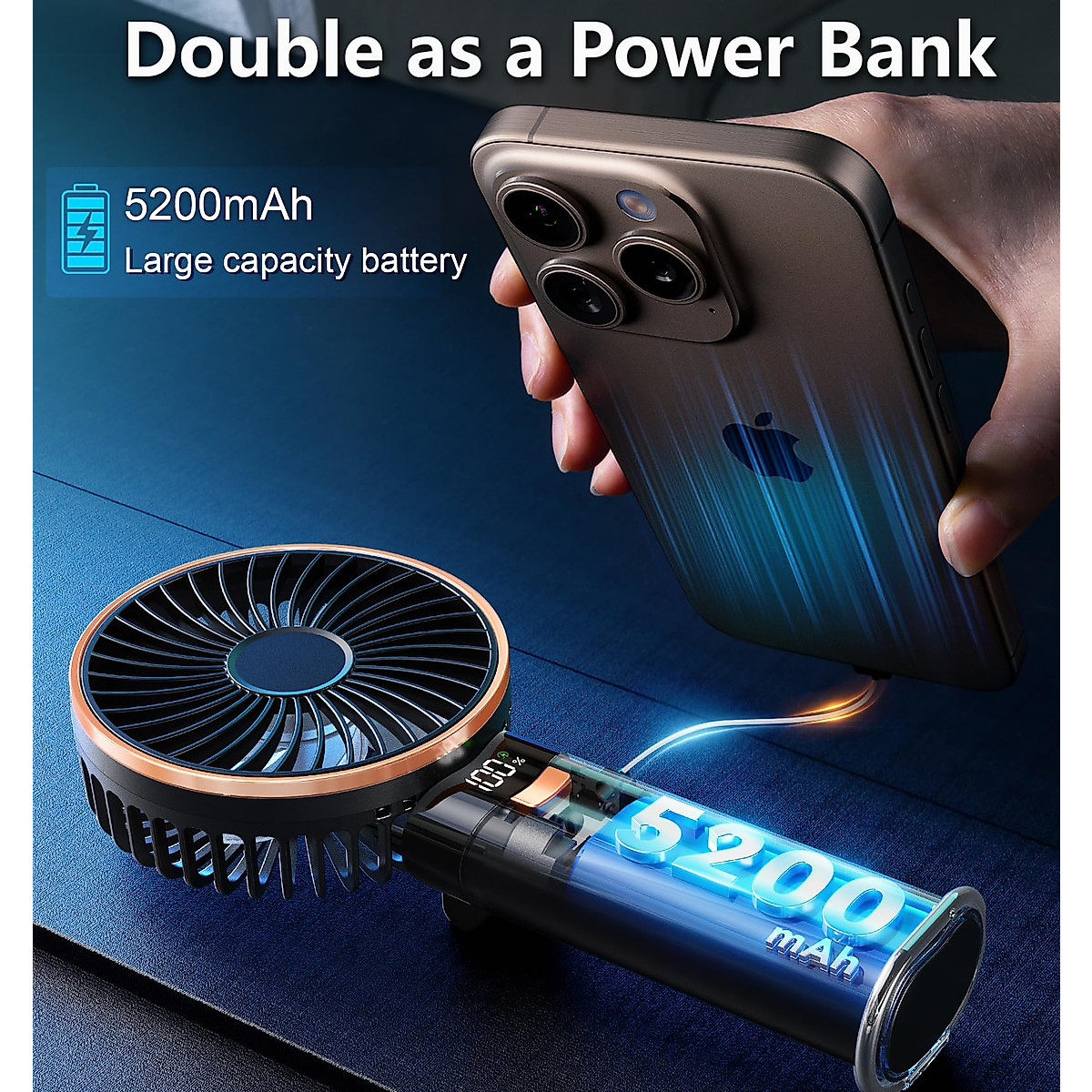 BEYYON Portable Handheld Fan, 5200mAh Metal Handle Portable Fan Rechargeable, 180° Foldable, 6 Speeds USB Rechargeable Fan, Electric Personal Fan with Power Bank for Travel, Outdoor, Camping, Office