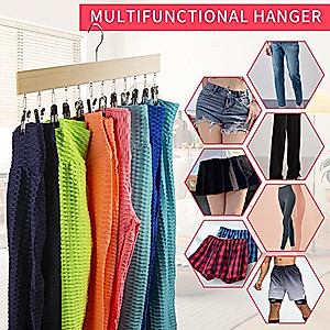 2 Pack Legging Organizer for Closet, Wooden Pants Hangers Leggings Hanger Space Saving with 24 Rubber Coated Clips, Multi Purpose Clothes Storage Organizer for Skirts Shorts Trouser Jeans, Natural