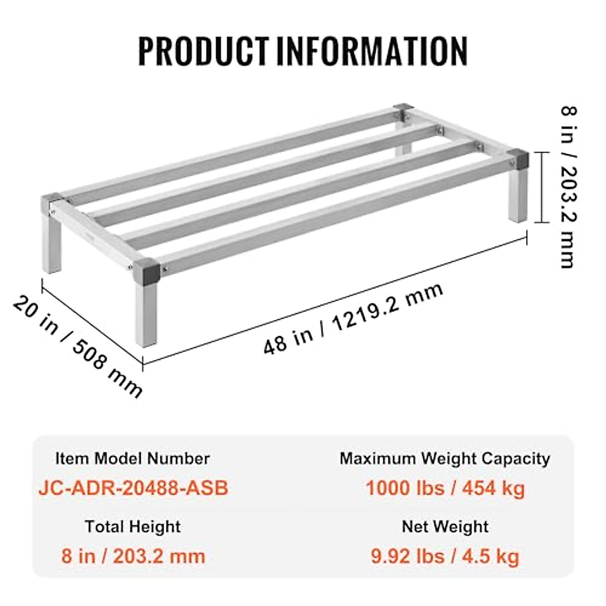 VEVOR Aluminum Dunnage Rack, 48” x 20” Commercial Food Floor Rack, 8” Off The Floor, 1000 lbs Capacity All-Welded Aluminum Storage Rack, for Storage in Restaurants, Kitchens, Garages and Vehicles