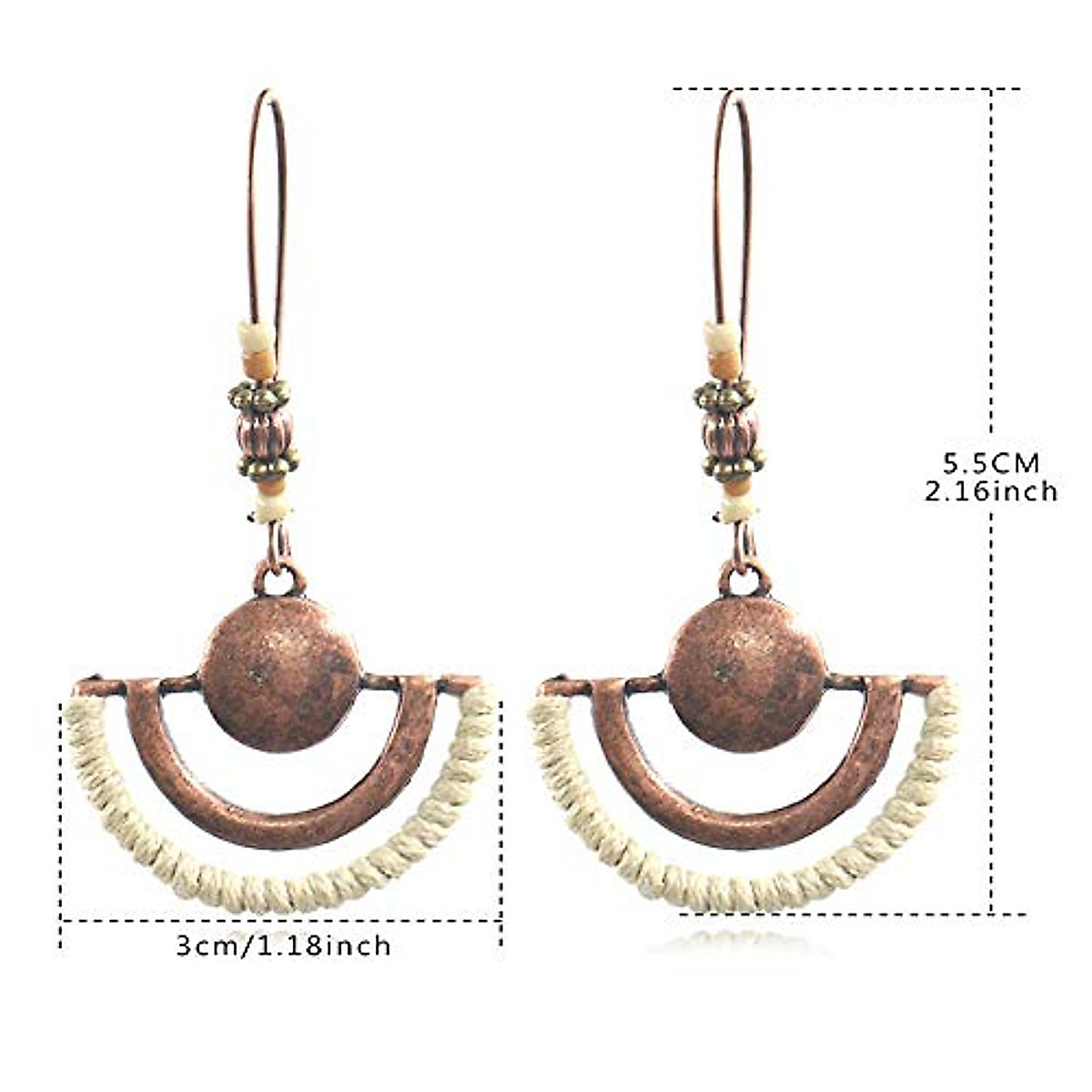 Lightweight Handmade Weave Boho Bohemian Fan Shape Earrings for Women Geometric Dangle Drop Hollow Half Round African Tribal Ethnic Jewelry (Copper)
