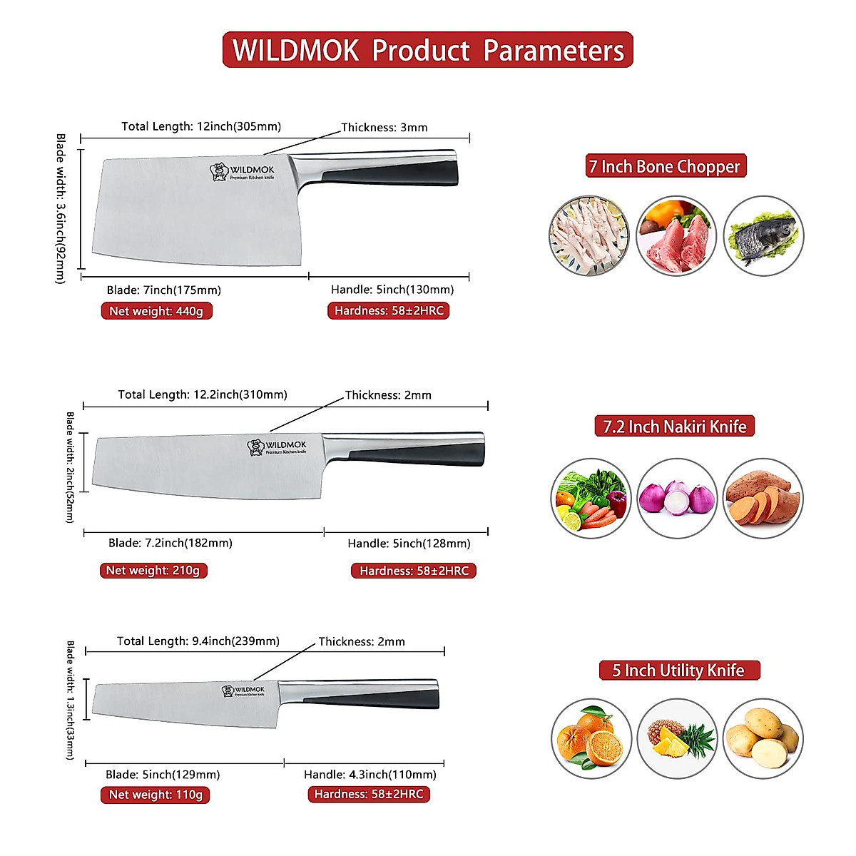 WILDMOK 3pcs Knife Set Stainless Steel Kitchen Knives Set 7inch Bone Chopper 7inch Nakiri Knife and 5inch Utility Cutter with Stainless Steel & ABS Handle, Perfect Cutlery Set Gift