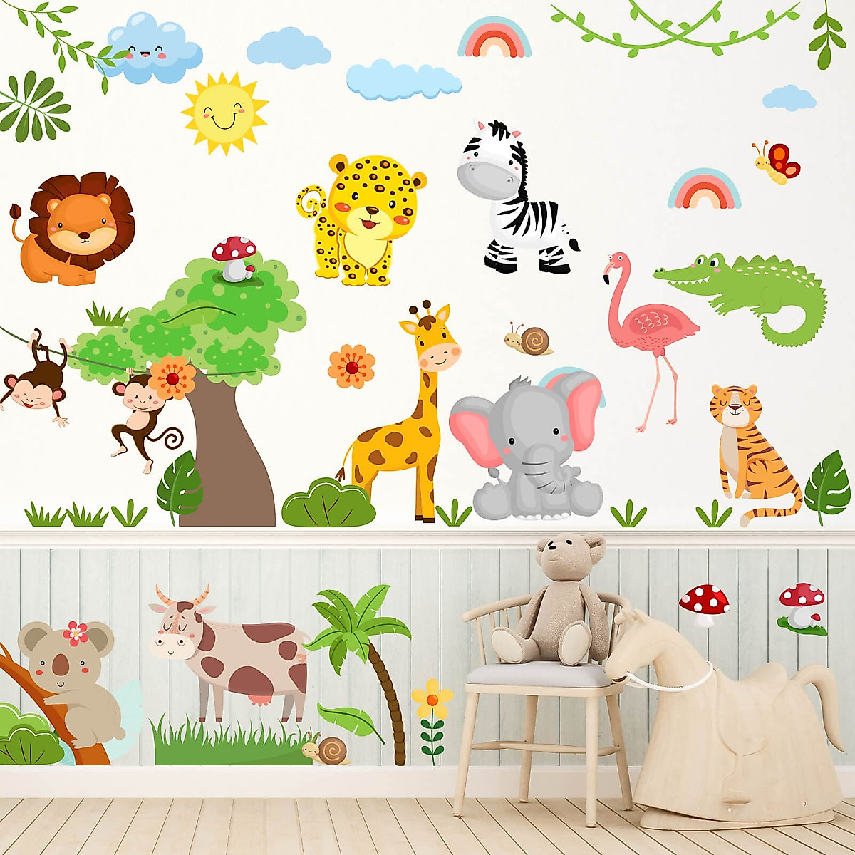 YLTPAJK Animal Wall Stickers for Kids, Cartoon Zoo DIY Art Self-Adhesive Removable Animal Wall Decals for Living Room Baby Nursery Classroom Kindergarten Wall Decor