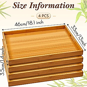 Geelin 4 Pcs Large Bamboo Serving Tray with Handles Rectangular Wooden Breakfast Tray Dinner Tray Decorative Coffee Tea Platter for Living Room Bedroom Kitchen Dinner Table Outdoors, 18 x 13 x 1.4 in