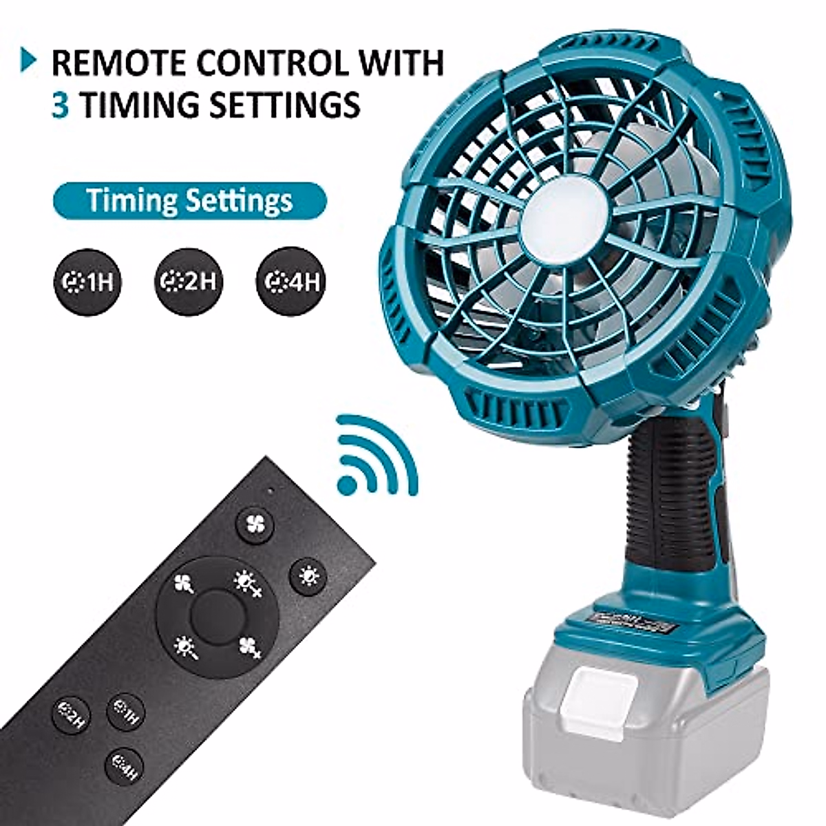 Portable Table Fan, 18V Battery Operated Fan with LED Light, Quiet Small Personal Fan 3 Speed Strong Airflow, Adjustable Tilt Remote Control Rechargeable Fan for Tent, Bedroom, Office, Jobsite