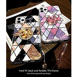Aulzaju for iPhone 12 Pro Max Girly Case with Ring Stand Luxury Bling Diamond Hard PC Back Rugged Marble Design Cute Glitter Rhinestone Geometric Bumper Cover with Bead Lanyard for Women 6.7'' Pink