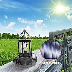 Marsrut LED Solar Light Powered Rotating Lighthouse Beacon Lamp, Outdoor Courtyard Waterproof Solar Hanging Lamp, Lawn Lantern, for Patio Fence Garden Decoration Outdoor Lighting Home Decor (Black)