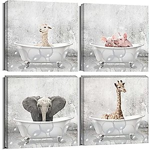 oulawote Animal Wall Art Canvas Print Funny Giraffe Elephant Painting Picture for Bathroom Living Room Decorations (Overall Size: 12''x12''x4pcs)