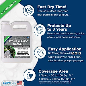 Serveon Sealants Natural Stone Sealer (Clear Natural Finish) Commercial Grade Outdoor Indoor Waterproof Grout Sealer Protects Pavers Pools Patios Decorative Landscape Stones (1 Quart) H2100S