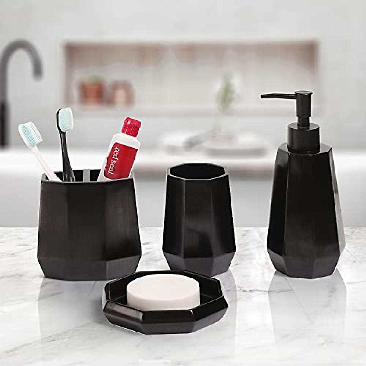 MyGift 4 Piece Modern Matte Black Resin Bathroom Accessories Set with Multifaceted Design Includes Soap Dish, Tumbler, Toothbrush Holder and Pump Dispenser