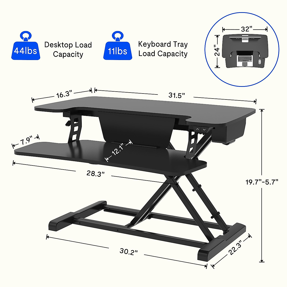 FLEXISPOT Motorized Standing Desk Converter 32" Black Electric Height Adjustable Stand up Desk Riser with Quick Release Keyboard Tray