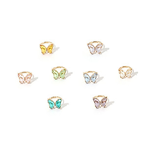 8 Pcs Gold Plated 3D Butterfly Rings Acrylic Adjustable Open Colorful Crystal Bowknot Shaped Band Rings for Women Finger Jewelry (transparent)