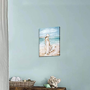 Abstract Beach Artwork Ocean Picture: Modern Women & Umbrella Sea Print Coastal Wall Art on Canvas for Bedroom (16” x 12” x1 Panel)