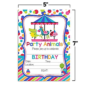 Party Animals Carousel Merry Go Round Themed Birthday Party Invitations, 20 5x7 Fill In Cards with Twenty White Envelopes by AmandaCreation