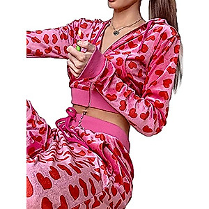 Kaenwang Women 's Heart Print Full Zip Velour Hoodie, Y2K Long Sleeve Crop Sweatshirt Cute Jogging Jacket (Red-top, Small)