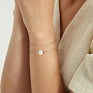 MONOZO Gold Initial Bracelets for Women, Dainty 14K Gold Filled Layered Beaded L Letter Initial Bracelet Personalized Alphabet Disc Monogram Charm Bracelet Jewelry Gifts for Her
