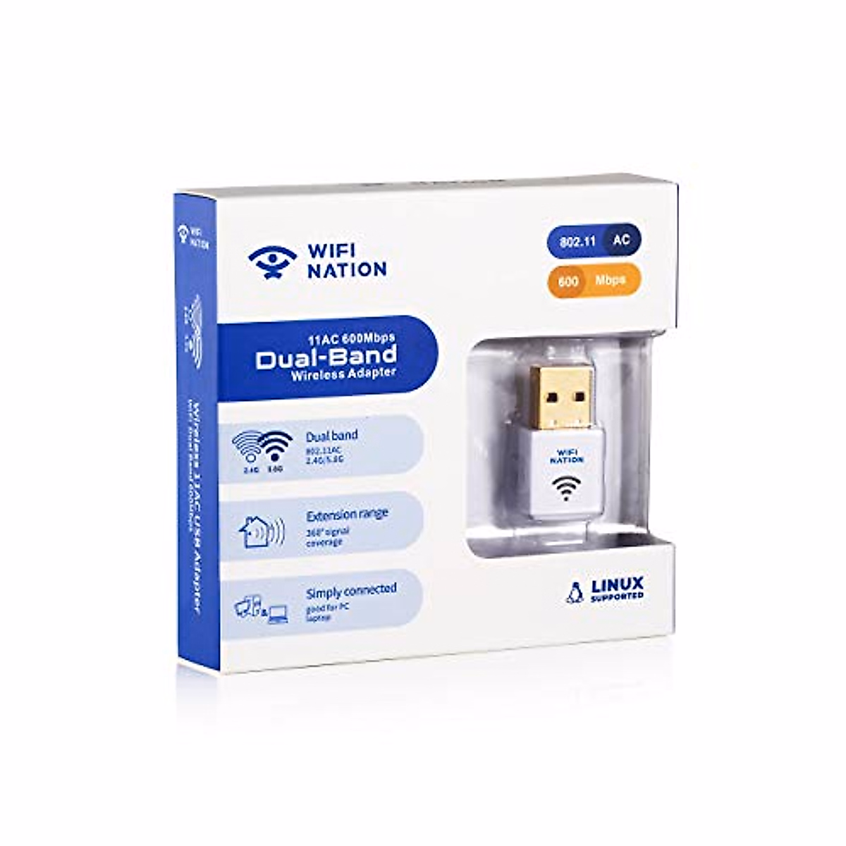 WiFi Nation® WiFi Dongle Mini 802.11ac AC600 USB WiFi Adapter, chipset: Realtek RTL8811AU, Dual Band 2.4GHz or 5GHz, Windows, MacOS, Linux Supported - White