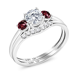 10K White Gold Forever Brilliant Moissanite From Charles & Colvard and Red Rhodolite Garnet and Lab Grown Diamond 3-Stone Bridal Engagement Wedding Ring Set For Women (0.81 Cttw, Round 5MM, Size 6)