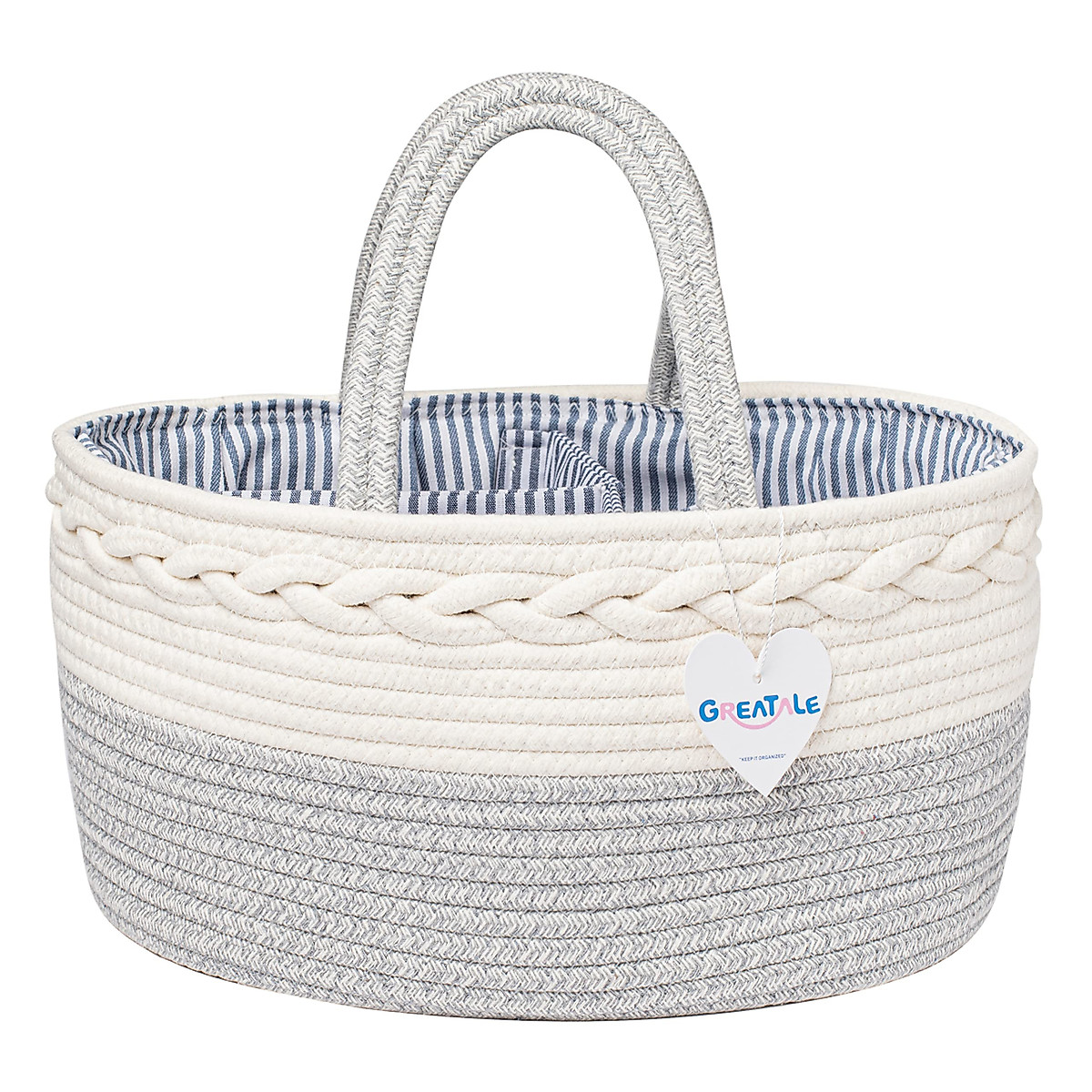 GREATALE Baby Diaper Caddy Organizer - Portable Rope Nursery Storage Bin for Changing Table & Car - Diaper Storage Basket with Removable Divider (Light Grey)