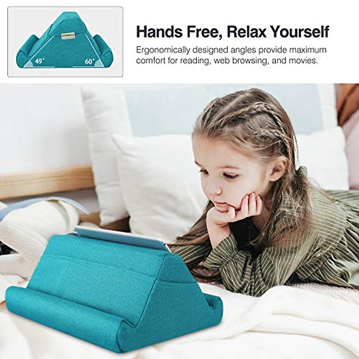 MoKo Tablet Pillow Holder, Pillow for iPad Multi-Angle Soft Tablet Stand Up to 12.9" for Xmas Gift, eReader, Fit with iPad 9, iPad Mini 6,iPad 10th, iPad Pro 11/12.9 2022,Galaxy Tab S9/S9+,Sea Blue