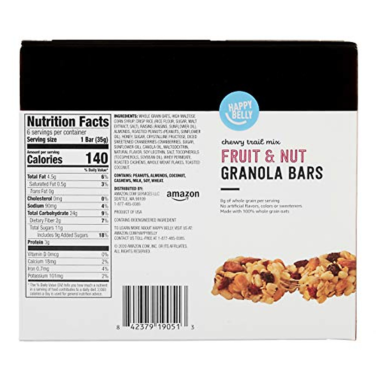 Amazon Brand - Happy Belly Fruit & Nut Chewy Trail Mix Granola Bars, 6 Count