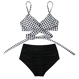 SUUKSESS Women High Waisted Bikini Criss Cross Swimsuits Push Up Bathing Suits (XS, Gingham)