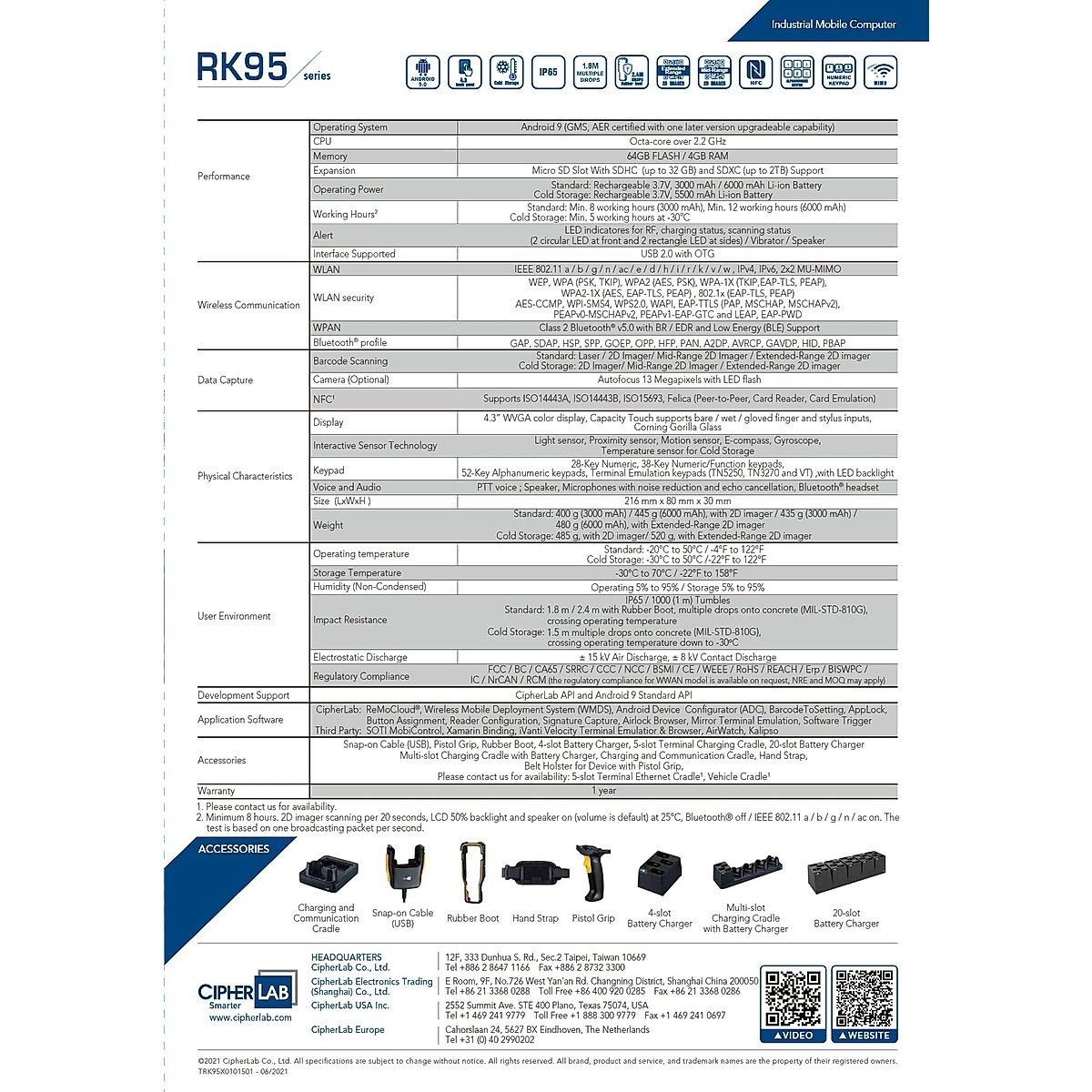 CipherLab RK95 2D Imager/Barcode Scanner/UPC Reader Android 9 Worldwide GMS & AER Certified 802.11 a/b/g/n/ac Bluetooth 5.0 Non-NFC 3,000 mAh Li-ion Battery