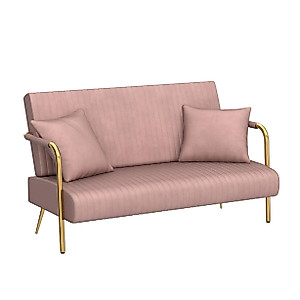 OUYESSIR Loveseat Small Sofa Couch, 59" Love Seat Settee 2 Seater Upholstered Sofa with 2 Pillows for Small Space Living Room Office Apartment (Pink, Velvet)