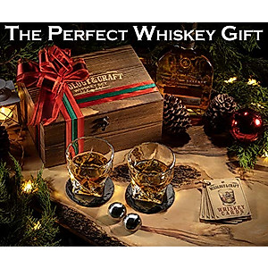 Mixology Glass & Whiskey Stones Set – Two 10oz Glasses w/ 2 Stainless Steel Balls Wooden Box - Bourbon Gifts for Men, Dad, Husband, Boyfriend, Groomsmen, Birthday Ideas﻿