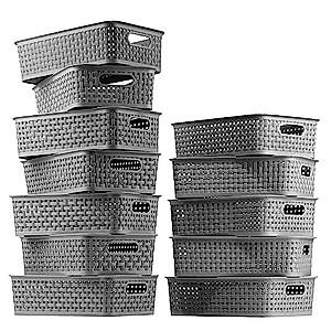 12 Pack Plastic Storage Baskets, Small Baskets for Organizing, Plastic Storage Bins Wicker Pantry Organizer Bins Household Toys for Laundry Room, Bedrooms, Kitchens, Cabinets, Countertops