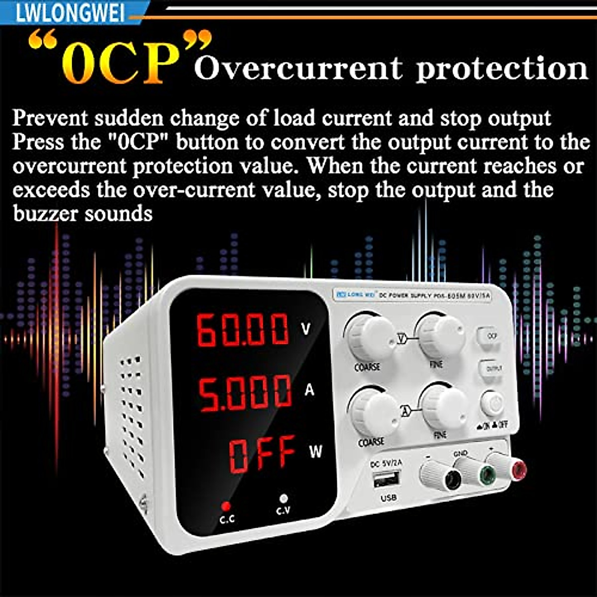 DC Power Supply Variable,60V 5A 300W Adjustable Switching Regulated, DC Bench Power Supply with 4-Digits LED Power Display 5V/2A USB Output, Coarse and Fine Adjustments White