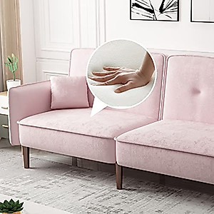 Sofa Bed, HABITTRIO 75" Modern Pink Fabric Upholstered 3-Seater Sleeper Couch with Adjustable Splict-Back Design, 2 Side Pockets, 2 Toss Pillows, Fit for Small Living Room, Apartment