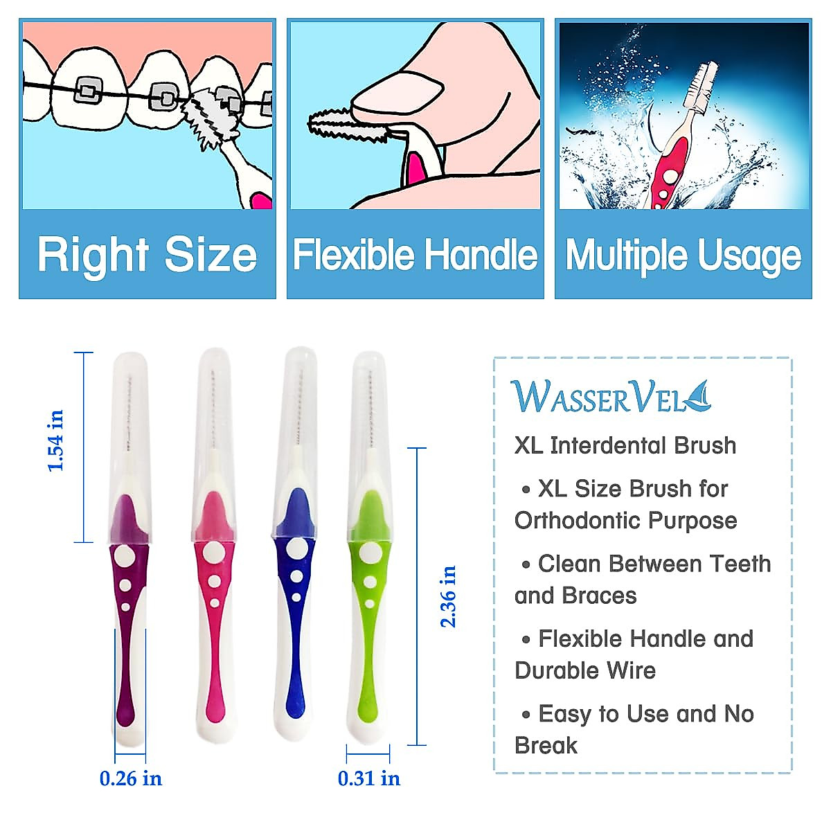 Wasser Vela 16pcs XL Size Orthodontic Interdental Brush, 4 Handle Colors, Clean Between Teeth and Braces, Flexible Handle and Durable Wire, Easy to Use and No Break (Started Pack)